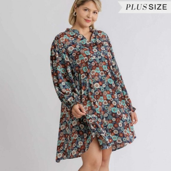 Umgee | Dresses | Umgee Plus Size Navy Mint Floral Print Split Neck ...